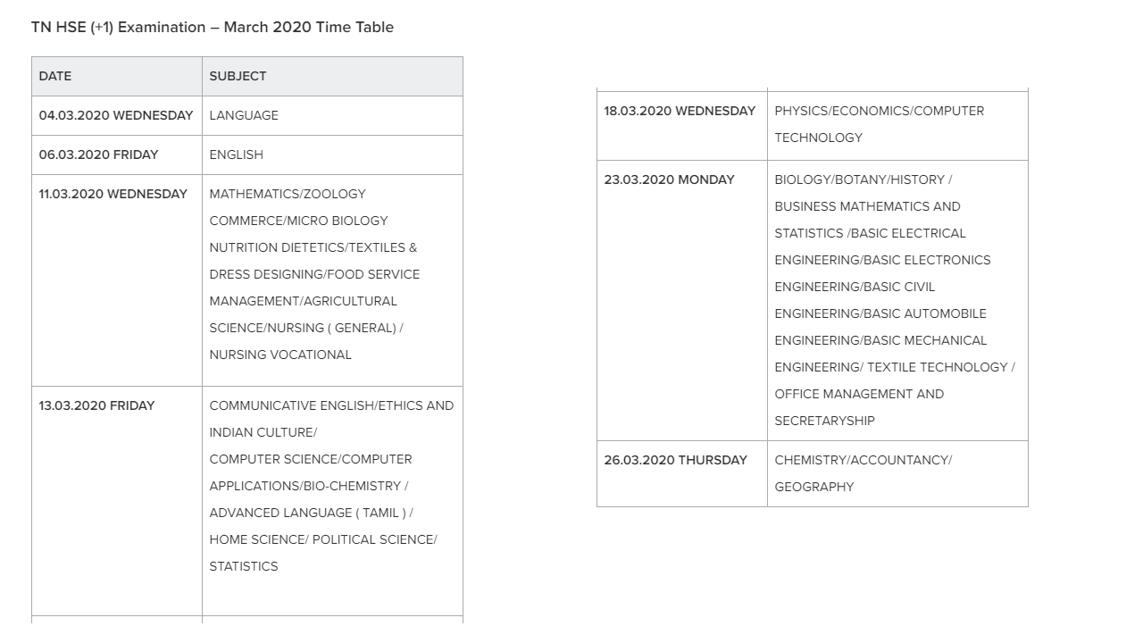 HSE (+1) 11th Std Time Table 2020 State Board Tamil Nadu Board Exam